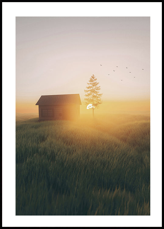 Zonsondergang in het veld poster | Posterbox